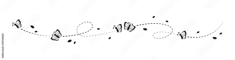 Flying Butterfly with Dotted Line Route Silhouette Separator Border ...