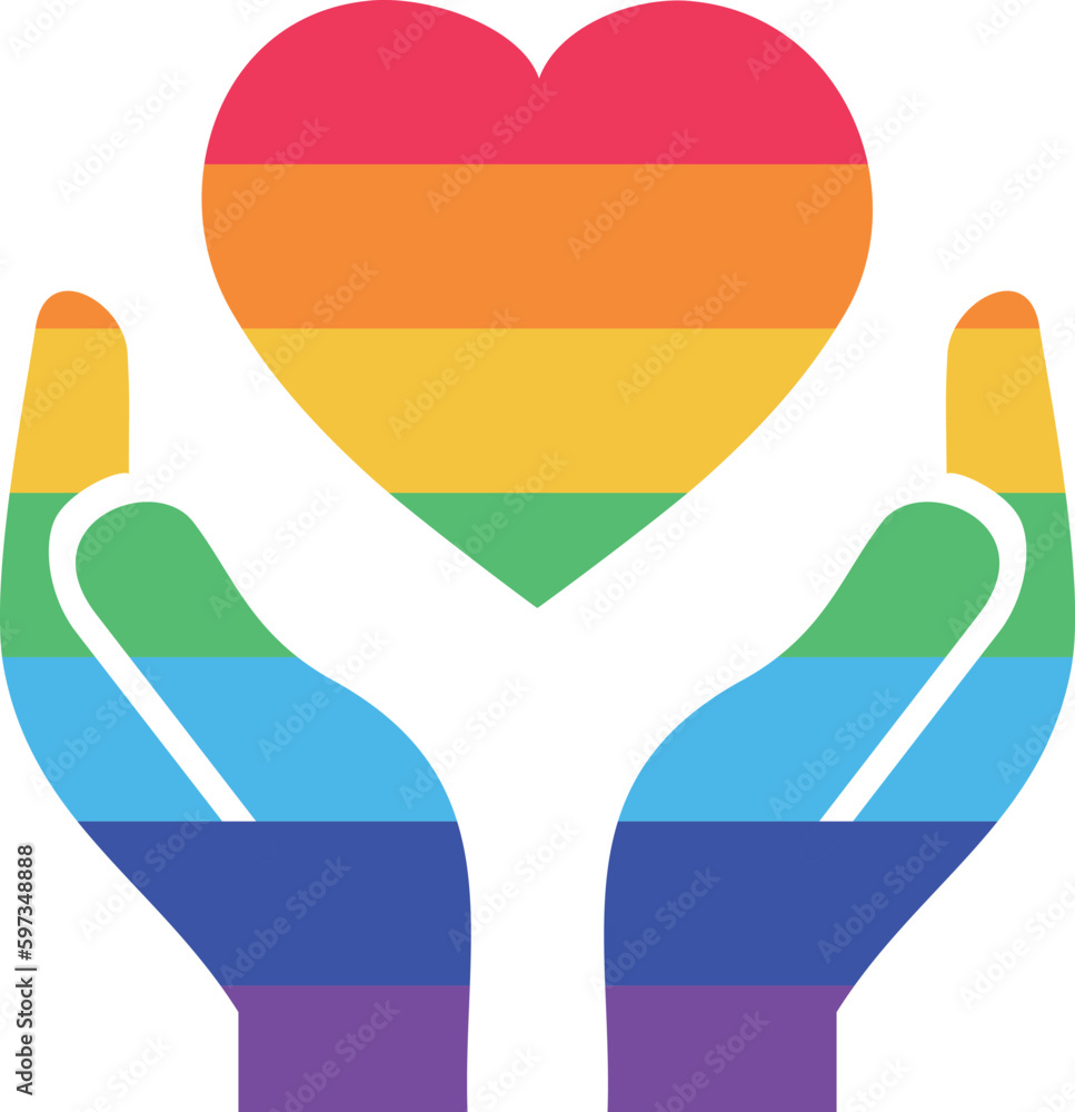 Vector illustration of hand holding LGBTQ rainbow heart colors. Concept ...