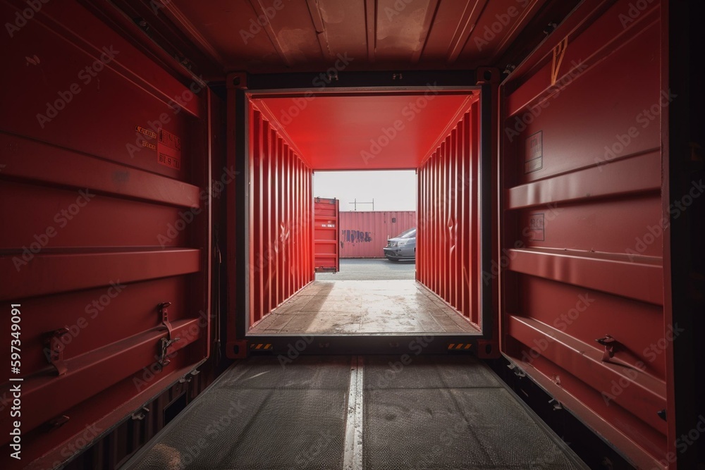 Perspective view inside a red shipping container with open doors. Generative AI Stock ...