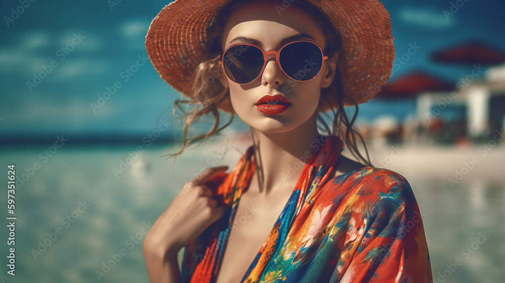 Fashionable woman in Y2K-inspired 90s bikini enjoys summer vacation ...