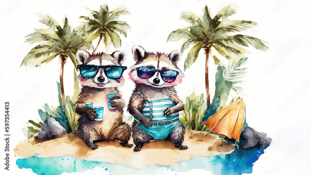 Cute little raccoon travel on summer beach. watercolor illustration ...