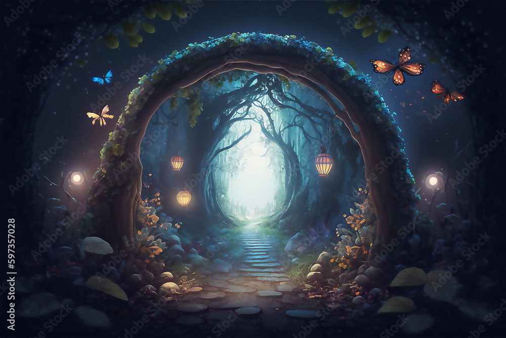 Fantasy enchanted fairy tale forest with magical secret door. Digital ...