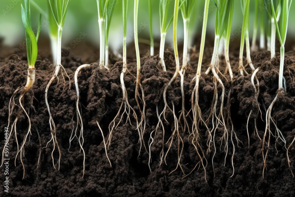 Grass with roots and soil. Seedlings and roots cutaway. Agriculture ...