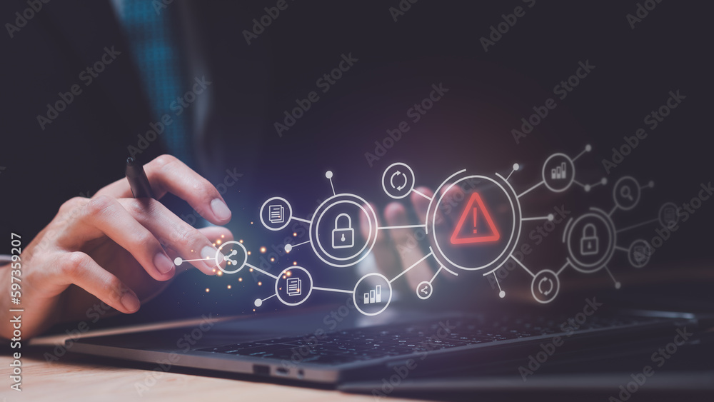 Programmer and virtual icons , exclamation mark ,alarm,computer virus ...