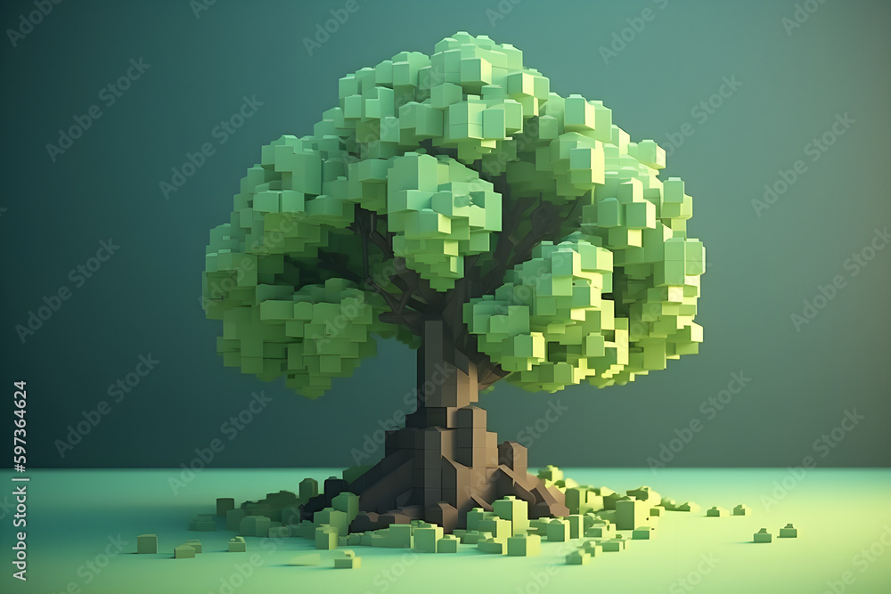 3d illustration render of cubic tree with green leaves and background. Voxel 3D style oak tree ...
