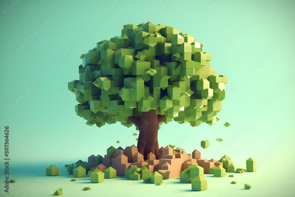 3d illustration render of cubic tree with green leaves and background ...