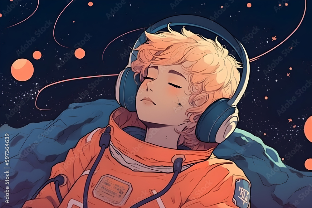 Anime boy floating in space, listening to music in his headphones ...