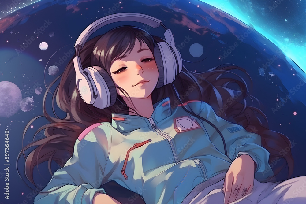 Beautiful cute anime girl floating in space, listening to music in her ...