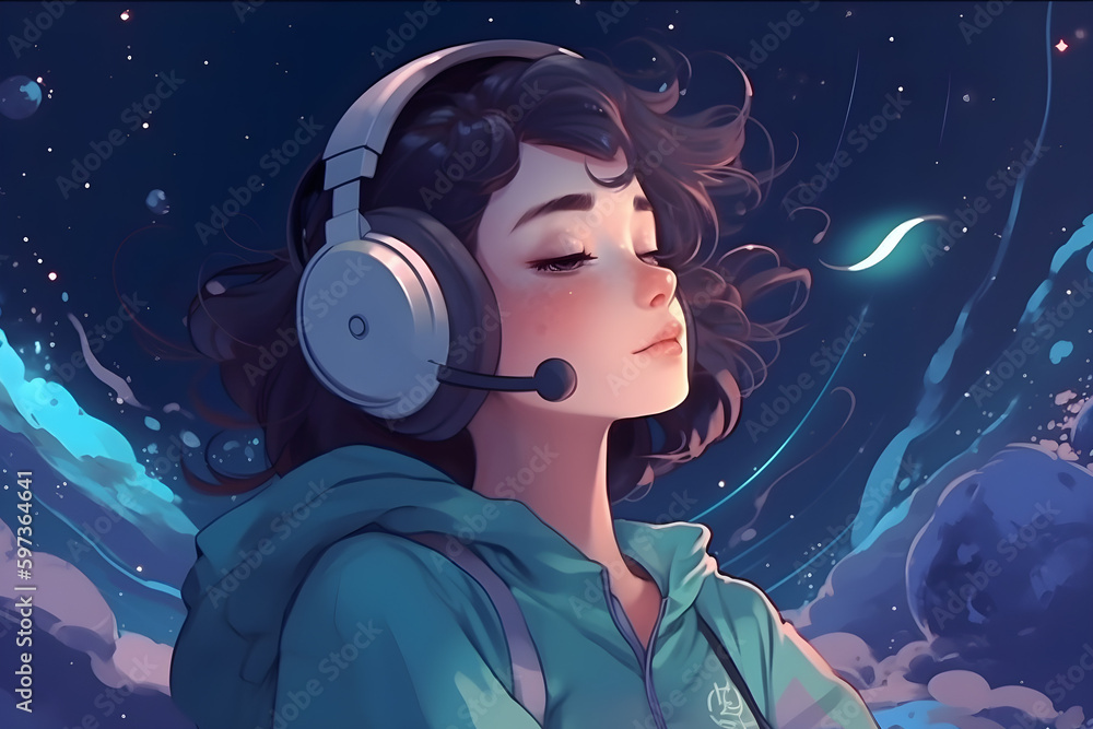 Beautiful Cute Anime Girl Floating In Space Listening To Music In Her