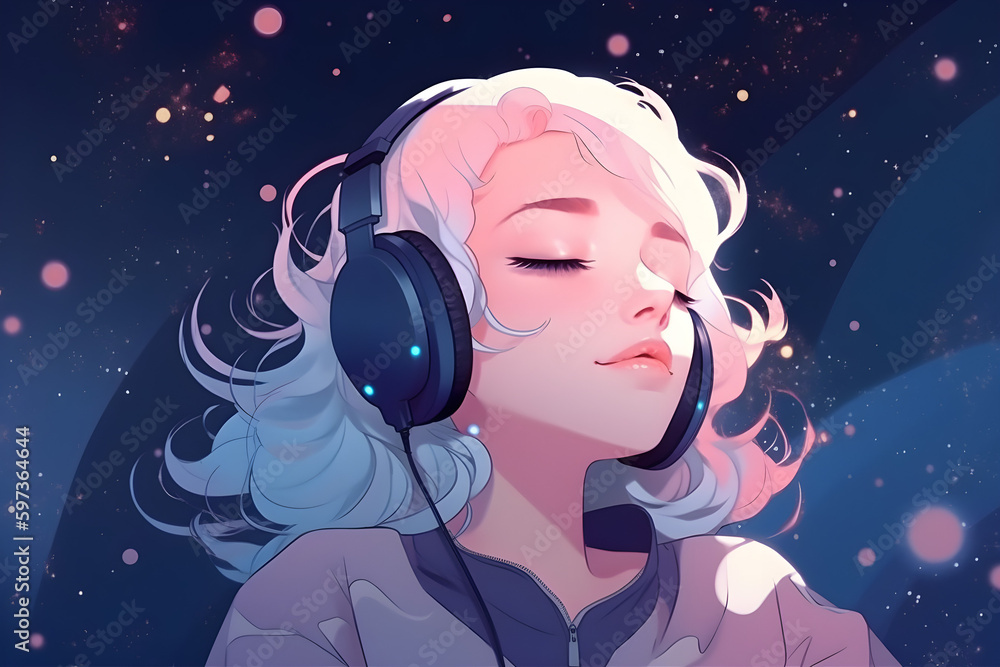 Beautiful cute anime girl floating in outerspace, listening to music in ...