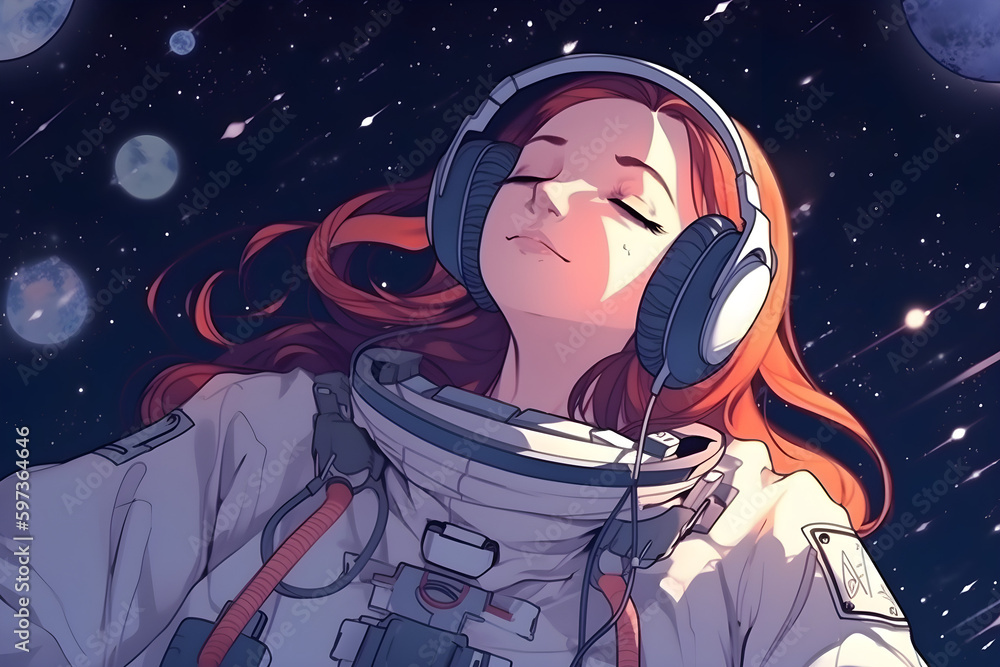 Beautiful cute anime girl floating in outerspace, listening to music in ...
