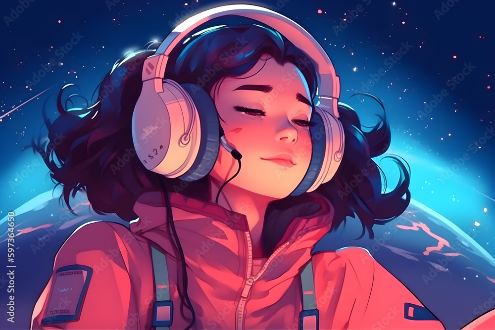 Beautiful cute anime girl floating in outerspace, listening to music in ...