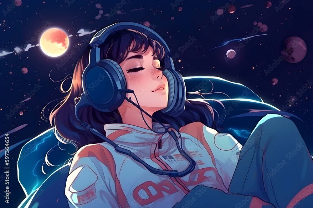 Beautiful cute anime girl floating in space, listening to music in her ...