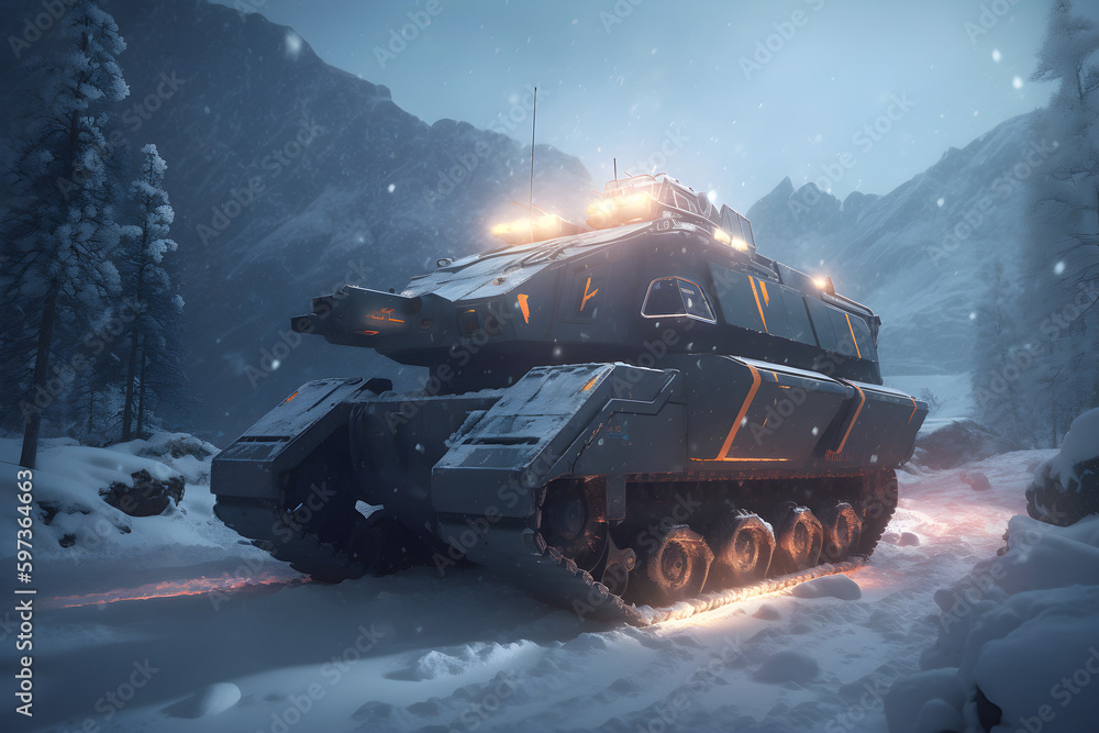 giant armored tracked vehicle moving through a snowy mountain pass, sci ...