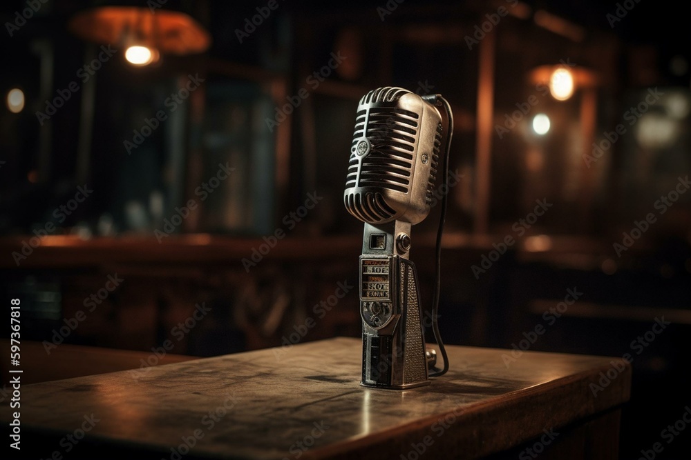 Old-fashioned mic on a comic stage. Keywords: retro, stage, microphone ...