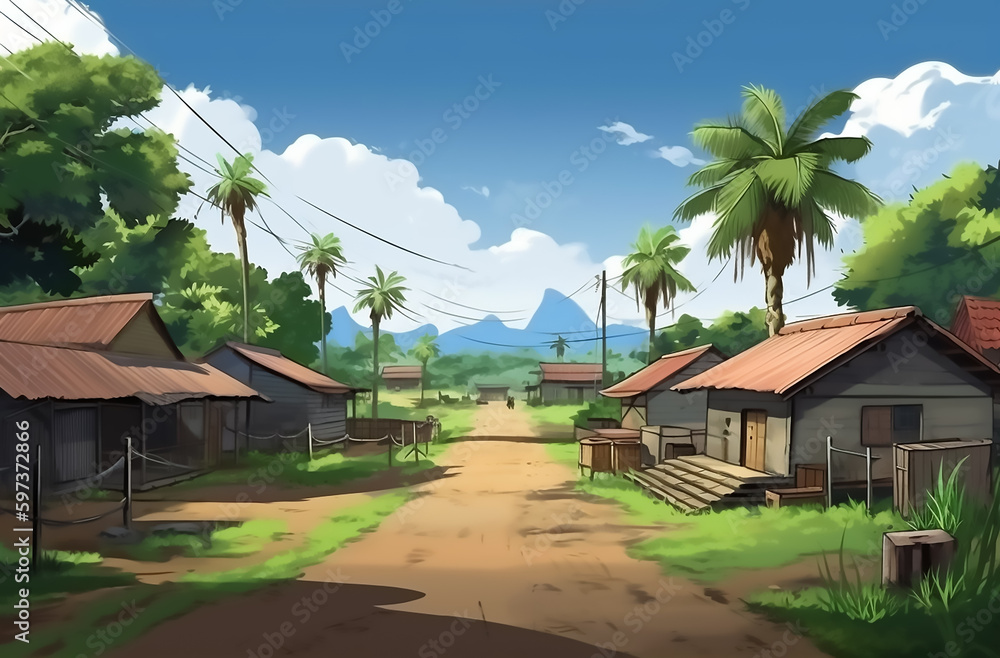 Illustration of a typical Indian village between palm trees, AI ...