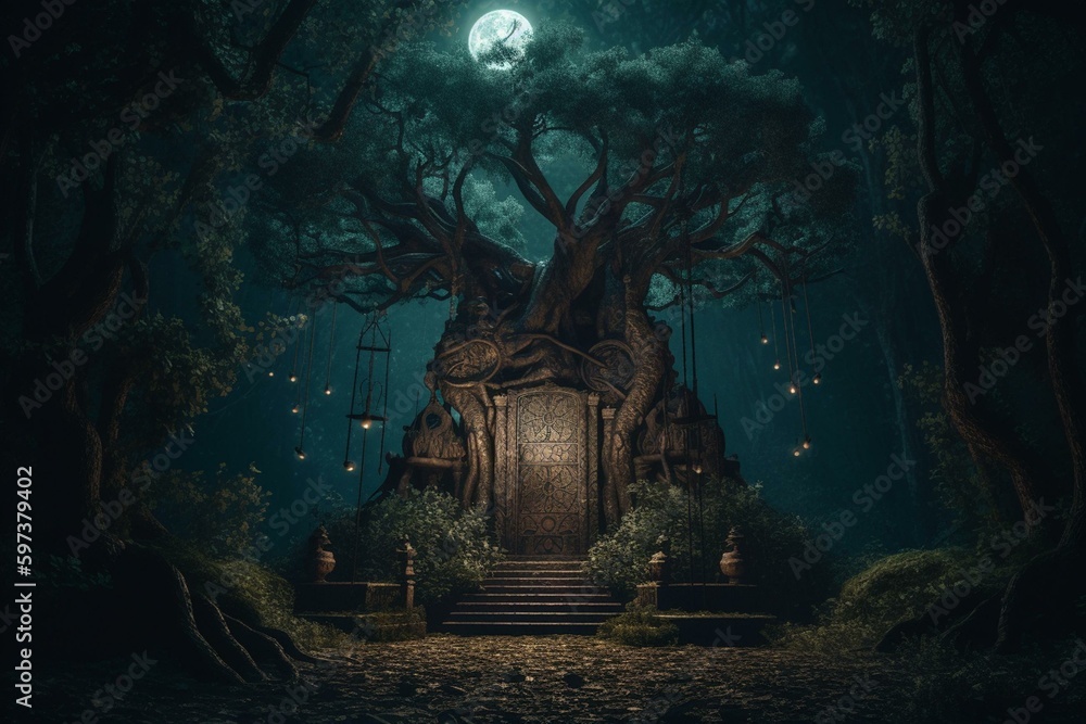 Tree of life with mystical portal and shrine in dark forest at night ...