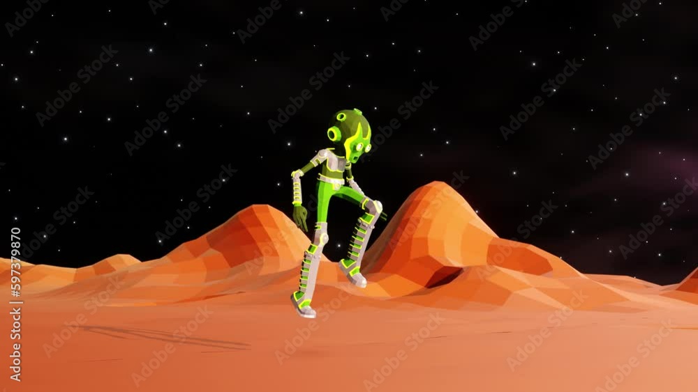 Alien walking on the surface of a low-gravity alien planet. Alien ...