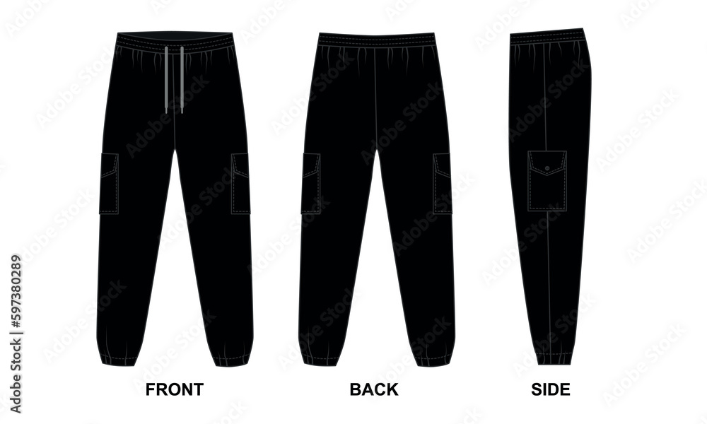 Cargo pants template front, back and side view. Technical drawing of ...