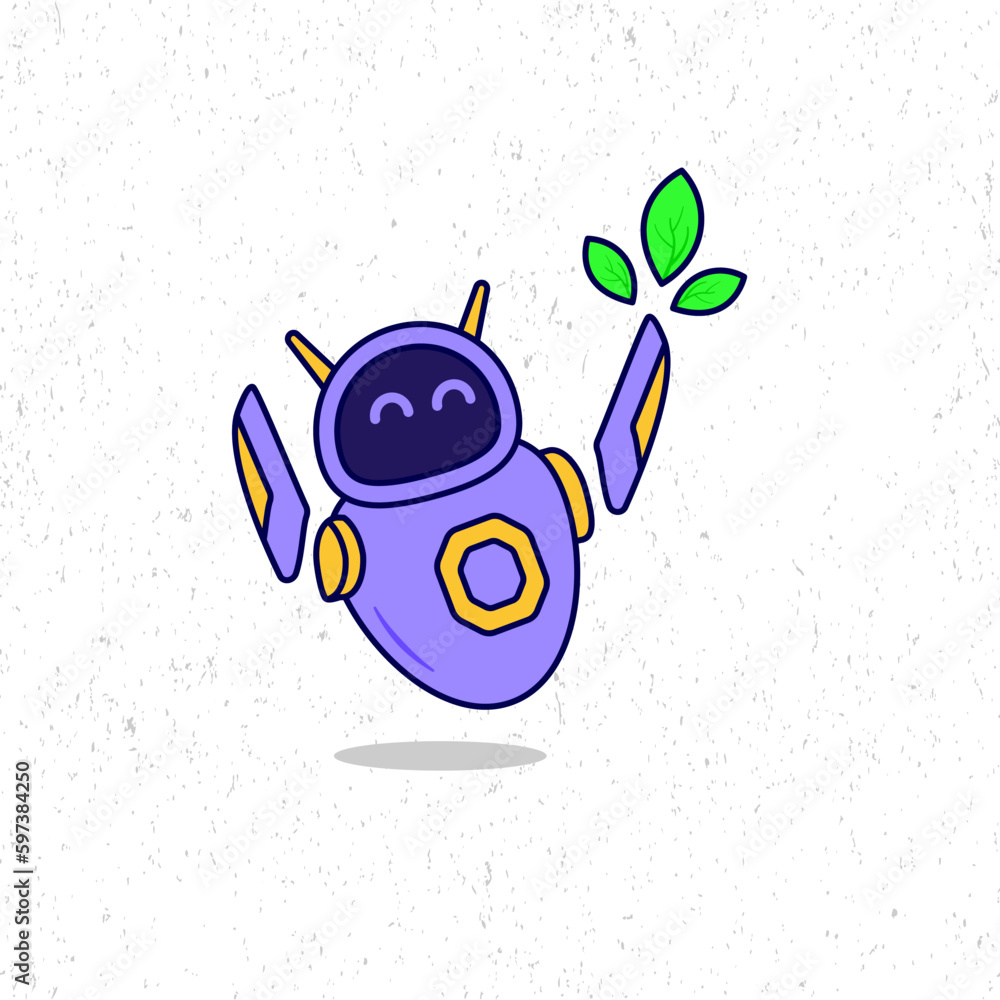Cute purple robot with leaves icon illustration. Flat cartoon character ...