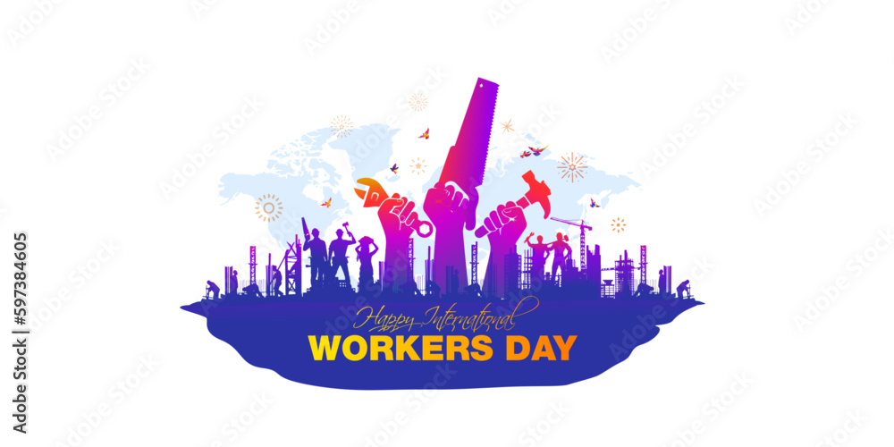 Happy International Workers Day. A group of Workers, city skyline, real ...