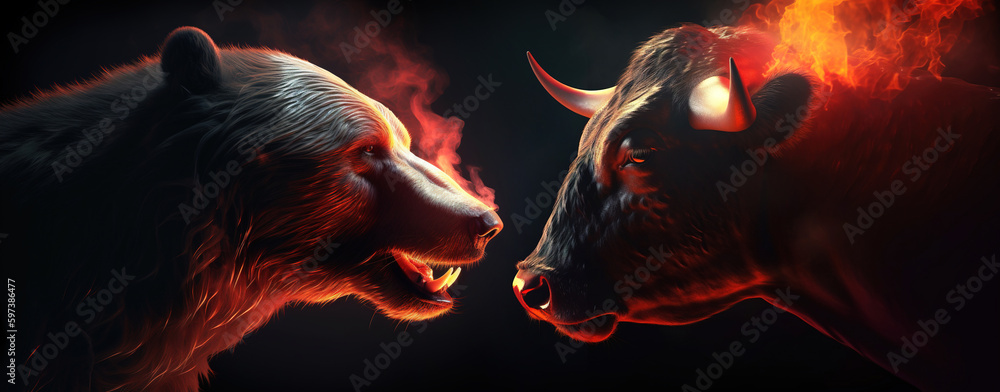 Majestic brown bear and black bull face to face. Surrounded by fire and ...