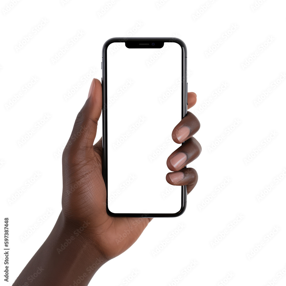 African American woman's hand holding a black smartphone with a blank ...