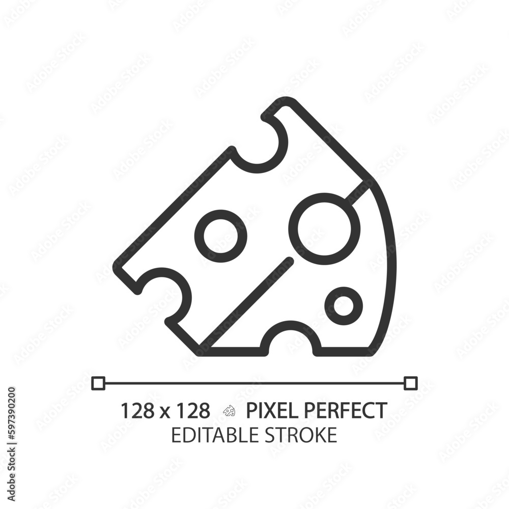 Cheese pixel perfect linear icon. Milk product. Dairy industry. Deli ...