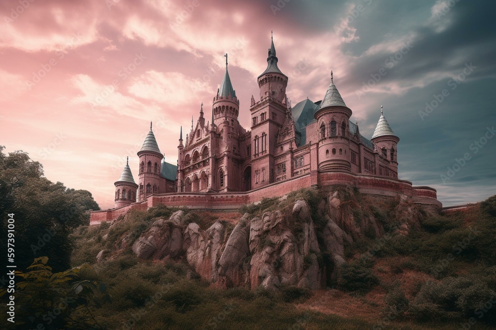 Pink mystical castle on a stylobate with high towers, arches and ...