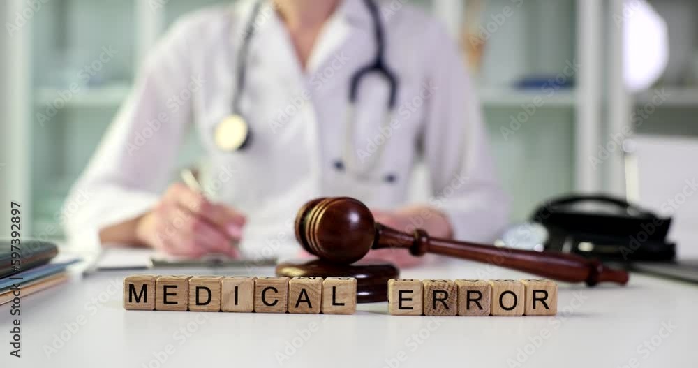 Phrase Medical Error of wooden blocks against doctor writing diagnosis ...