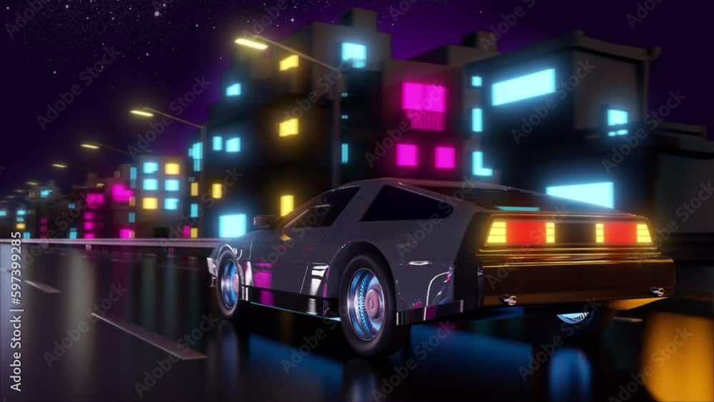 80s Retro Sci-fi 3D animation. Retro wave seamless loop. Futuristic car ...