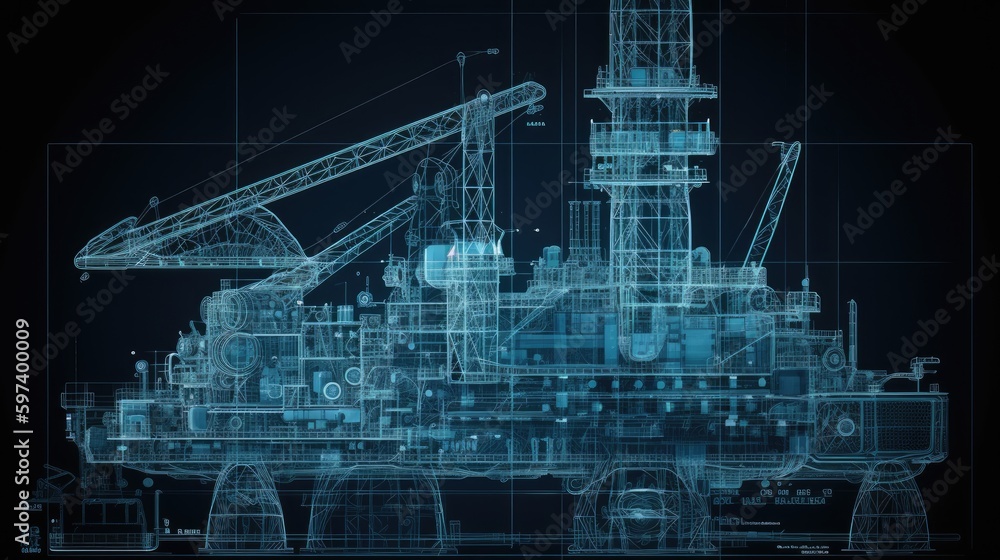 Futuristic Blueprint of Oil Rig, HUD Display, Digital Rendering on Dark ...