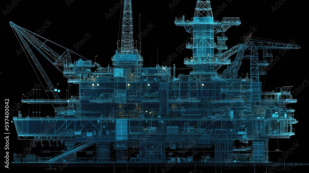 Futuristic Blueprint of Oil Rig, HUD Display, Digital Rendering on Dark ...