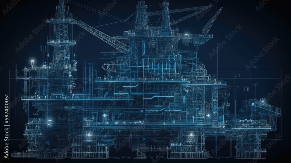 Futuristic Blueprint of Oil Rig, HUD Display, Digital Rendering on Dark ...