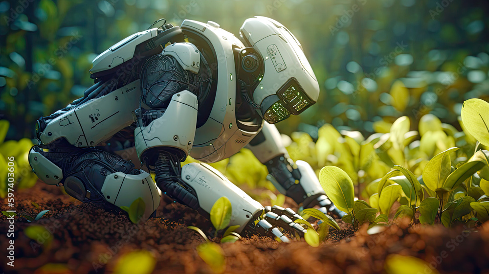 Smart autonomous robotic farmer observes growth of organic plants on a ...