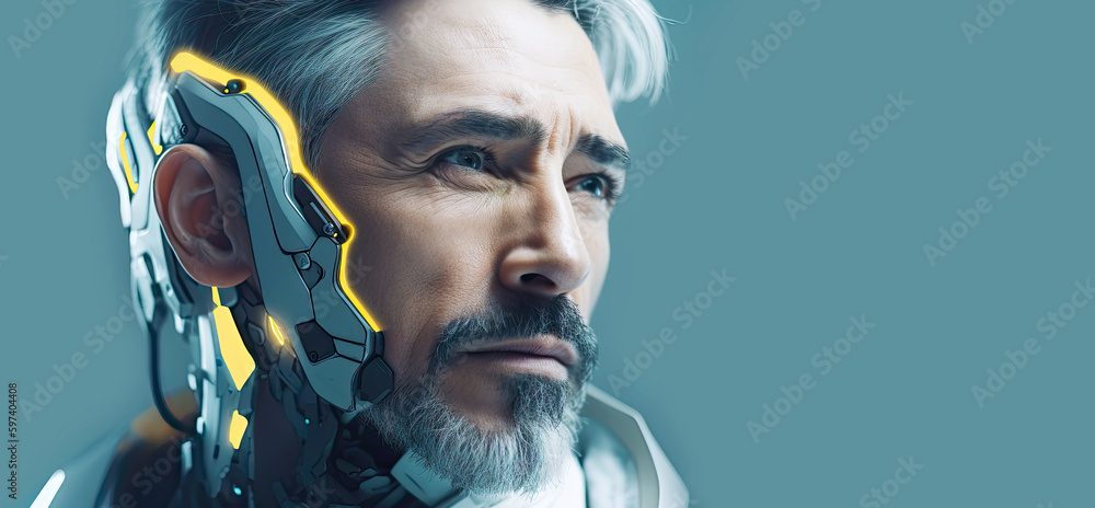 Old mans face with futuristic interface and human brain upgrades with ...