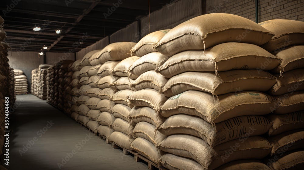 Organized Warehouse Storing, Stacked Sacks of Goods, Efficient ...