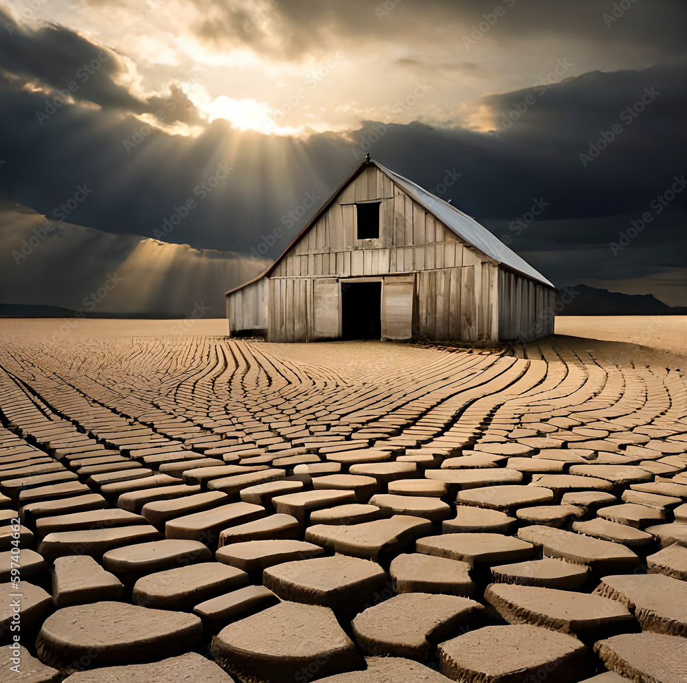 An abandoned farm, with wilted crops and dry, cracked soil by drought ...