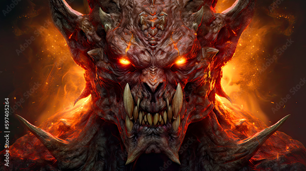 Terrifying portrait of horned red demon from deep hell. Postproducted ...