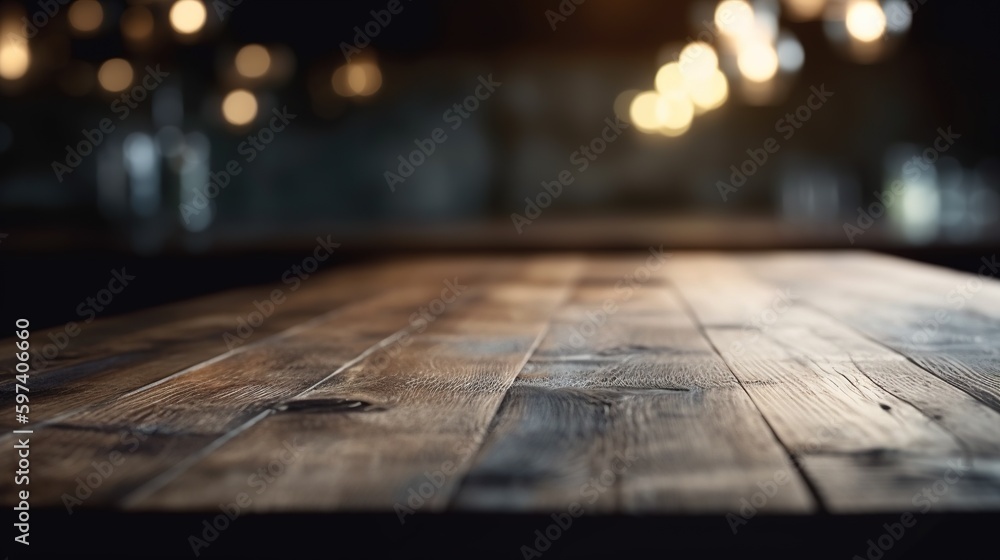 Dark wood table top, blurred background, empty table for product ...