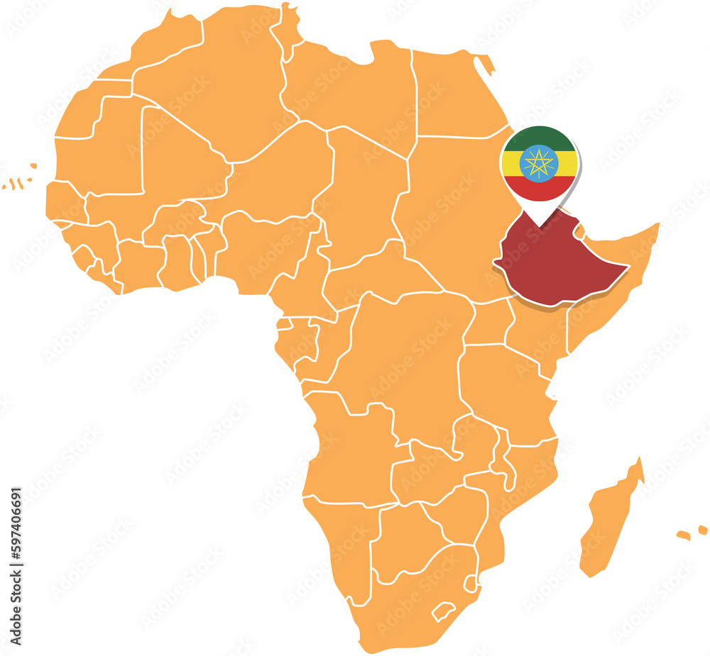 Ethiopia map in Africa, Ethiopia location and flags. Stock Illustration ...