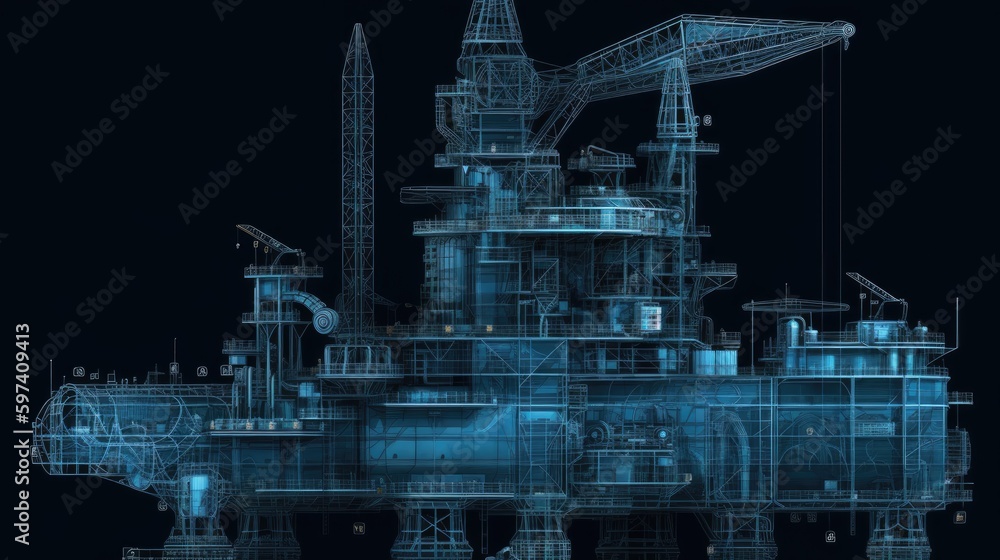 Cutting-Edge Oil Rig Blueprint, HUD Interface, Digital Illustration on ...