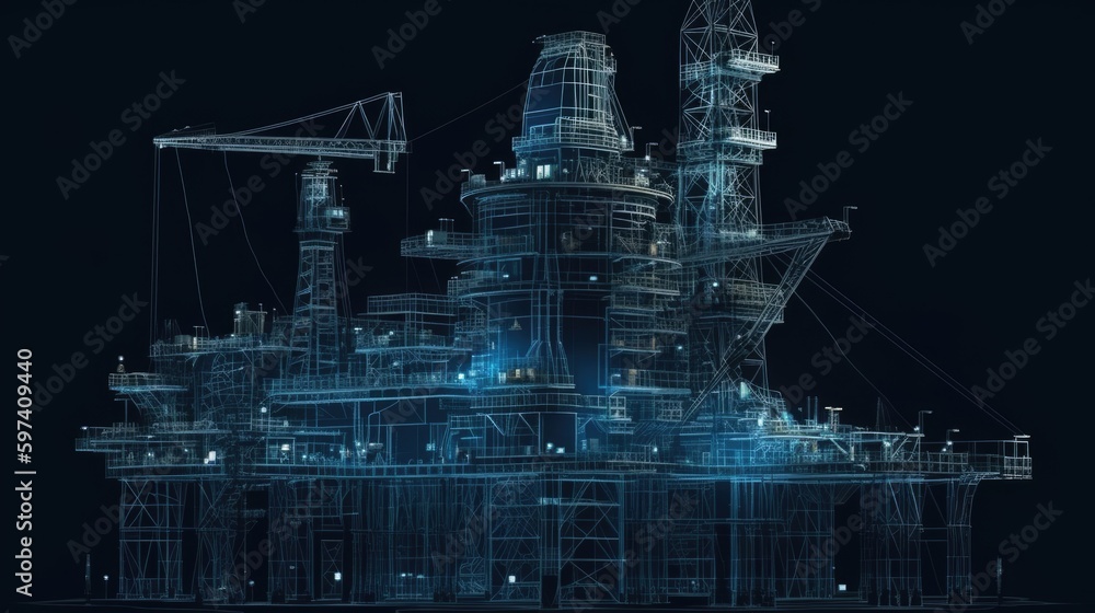 Cutting-Edge Oil Rig Blueprint, HUD Interface, Digital Illustration on ...