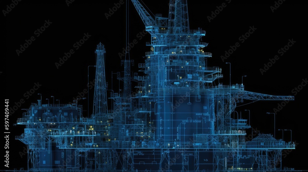 Cutting-Edge Oil Rig Blueprint, HUD Interface, Digital Illustration on ...