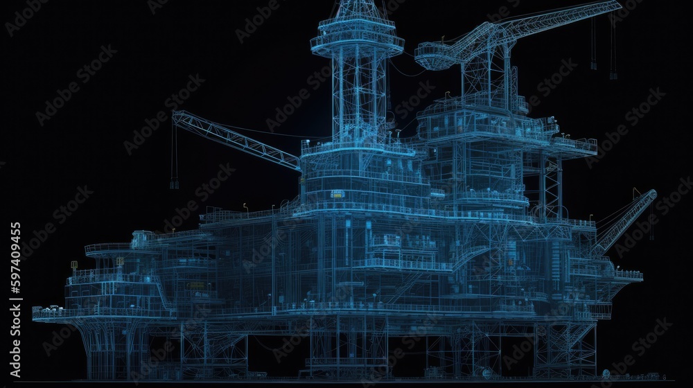 Cutting-Edge Oil Rig Blueprint, HUD Interface, Digital Illustration on ...
