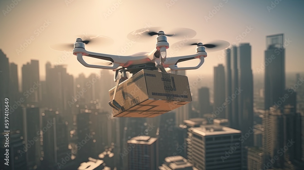 Drone with cardboard box in the sky. Shipping concept, wireless remote ...