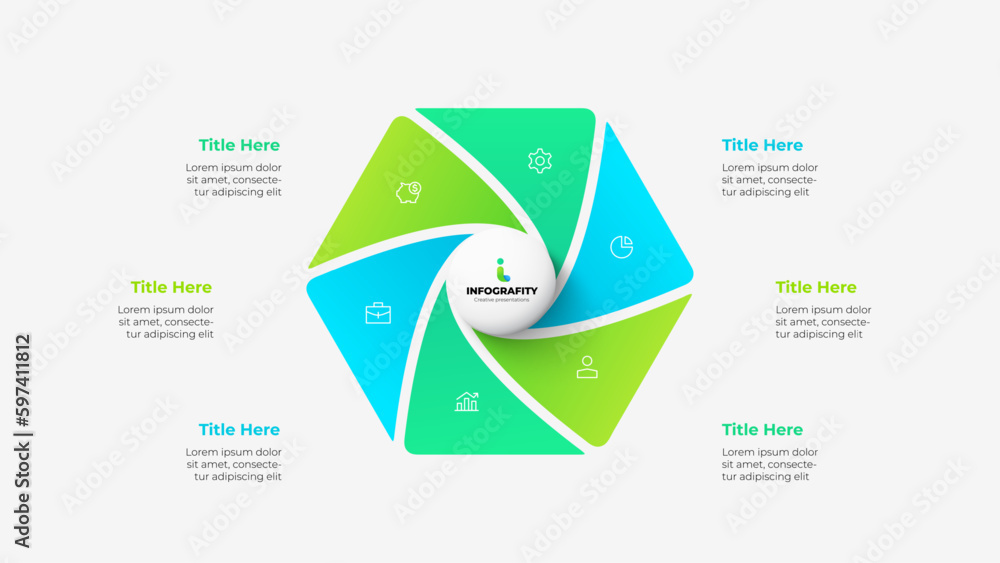 Hexagon divided into 6 parts with central circle. Design concept of six steps or parts of ...
