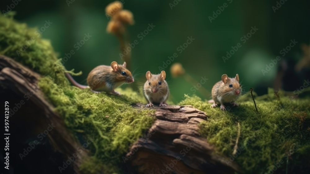Charming Forest Wood Mice, Resting on Moss-Covered Log, Serene Woodland ...