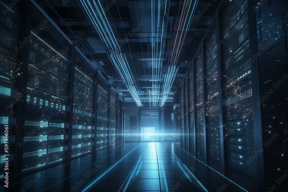 3D graph holograms hovering above data center with servers. Generative ...