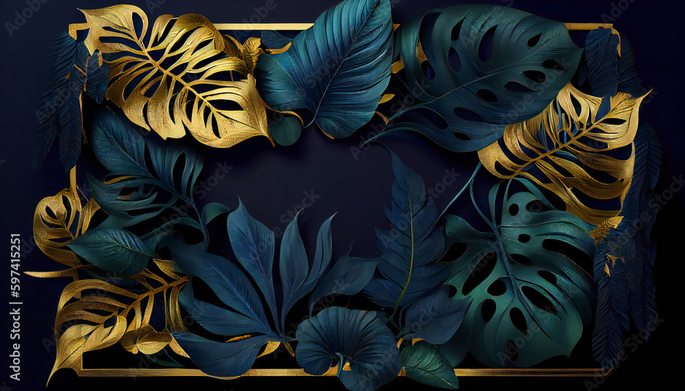 Exotic luxury background, frame, card. Tropical green, blue and golden ...